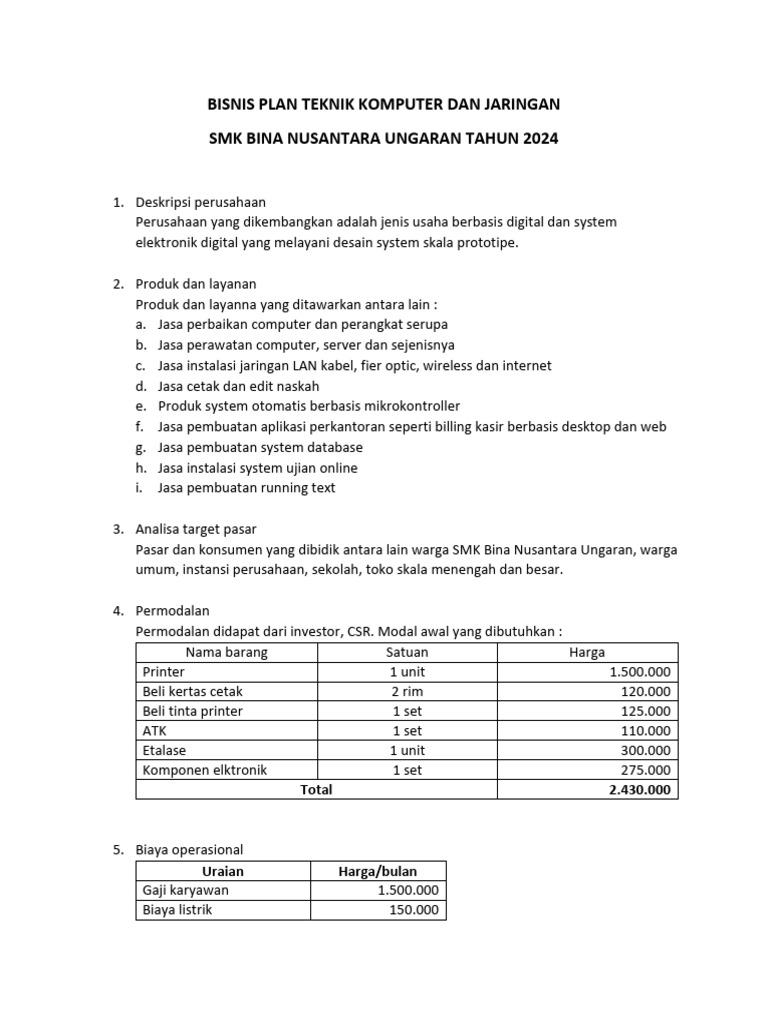 Bisnis Plan Teknik Komputer Dan Jaringan SMK Bina Nusantara Ungaran ...