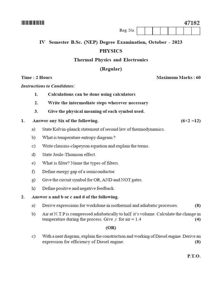 4th Sem Physics NEP QPs (2023&24) | PDF | Temperature | Second Law Of Thermodynamics
