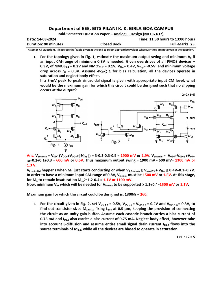 Answer KeysMid Sem MEL G 632 | PDF | Amplifier | Field Effect Transistor