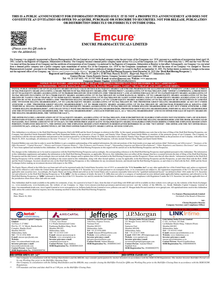 Emcure Pharma Drhp | PDF | Securities (Finance) | Financial Markets