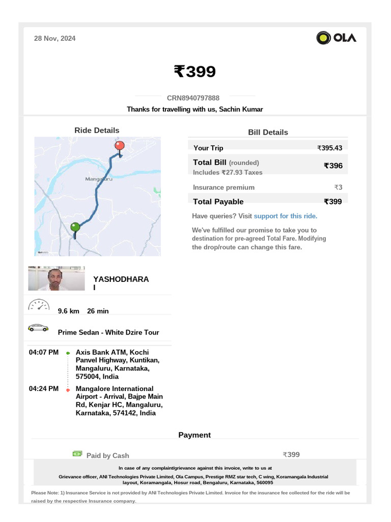 Ola Ride Invoice for Sachin Kumar | PDF