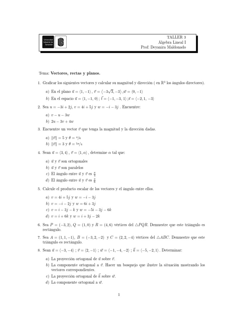 Taller de Álgebra Lineal: Vectores y Planos | PDF | Vector Euclidiano | Triángulo