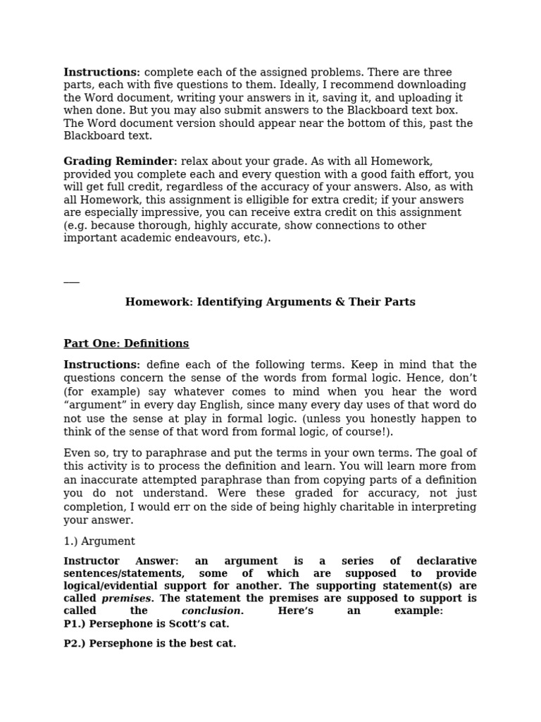 Homework - Identifying Arguments and Their Parts - ANSWERS - Spring 2025 With Deduction Added ...