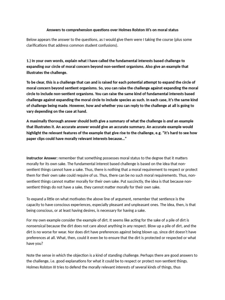 Instructor Answers To Questions On Rolston III On Non-Sentient ...