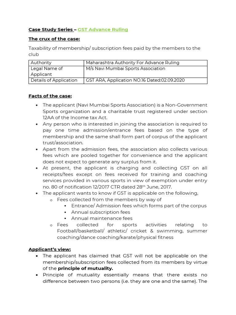 GST Case Study Applicability of GST On The Membership Subscription Fees ...