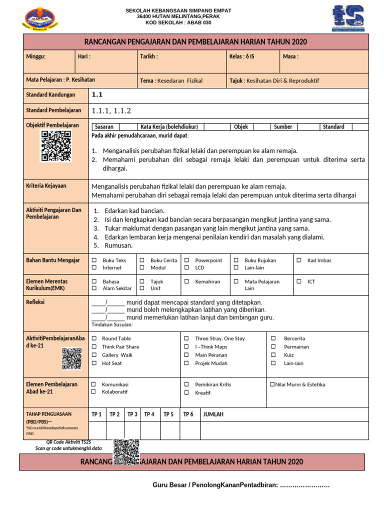RANCANGAN PENGAJARAN DAN PEMBELAJARAN HARIAN TAHUN 2020 | PDF