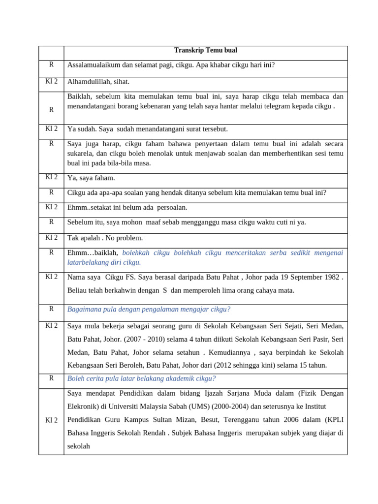Transkrip Temu bual EL | PDF