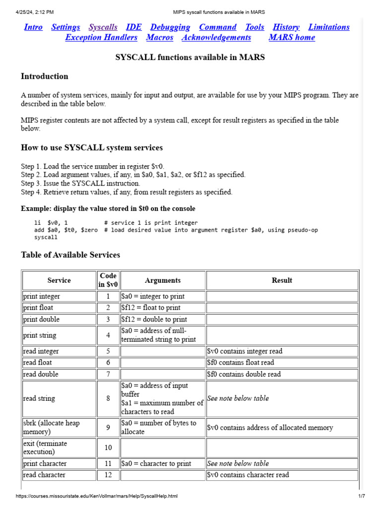 Mips Syscall Functions In Mars Pdf Integer Computer Science