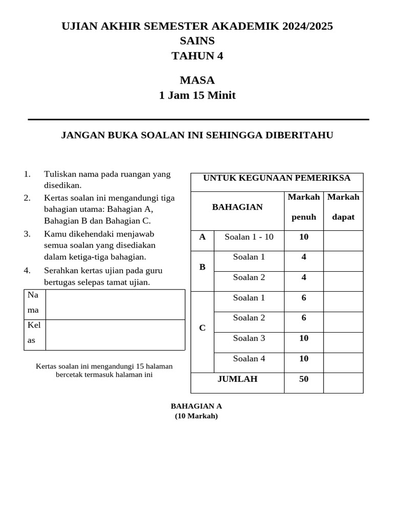 UASA SAINS Tahun 4 | PDF