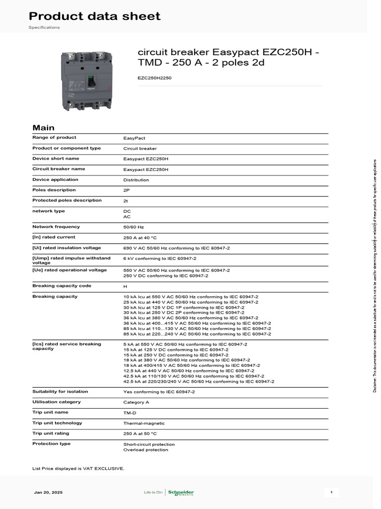 Schneider Electric - EasyPact-EZC - EZC250H2250 | PDF | Alternating Current | Electrical Engineering