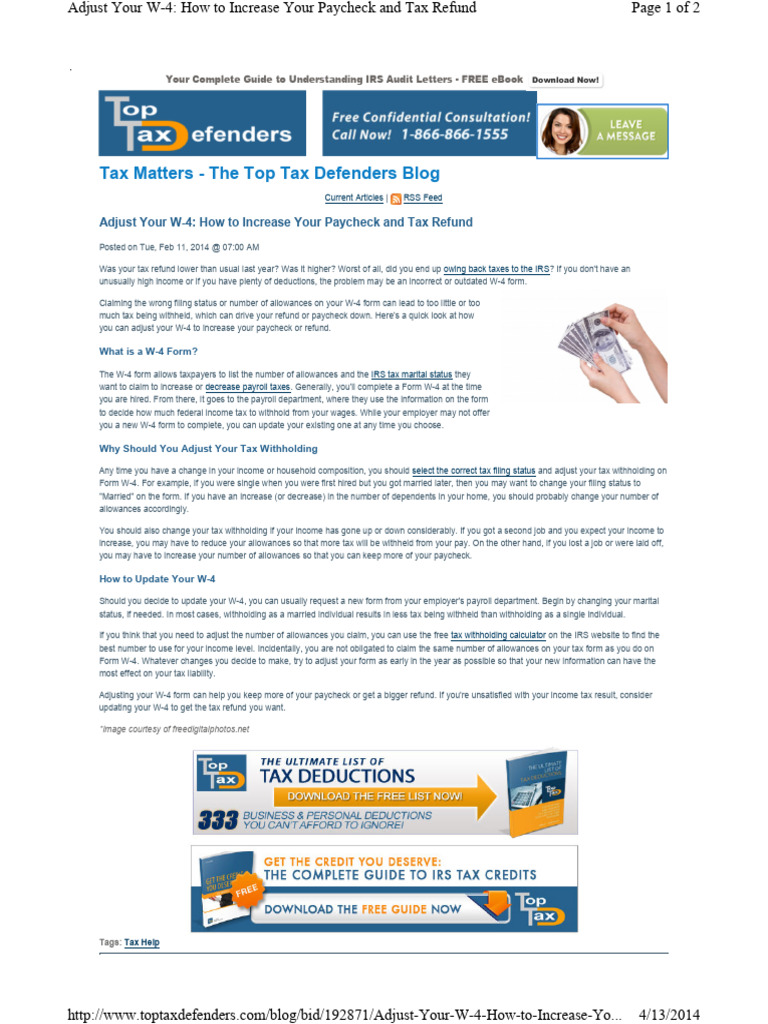 Adjust Your W-4, How To Increase Your Paycheck and Tax Refund | PDF ...