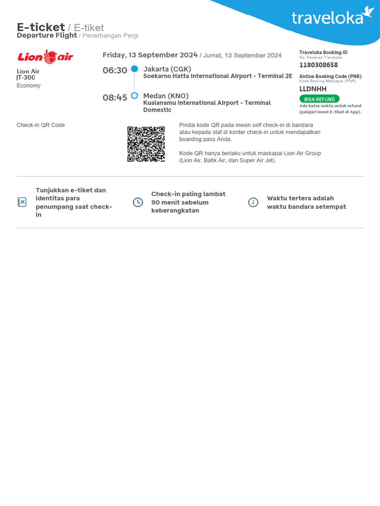 Yohanes B Valentino CGK LLDNHH Kno Flight - Originating | PDF