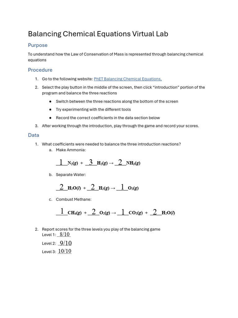 Balancing Chemical Equations Lab Guide | PDF
