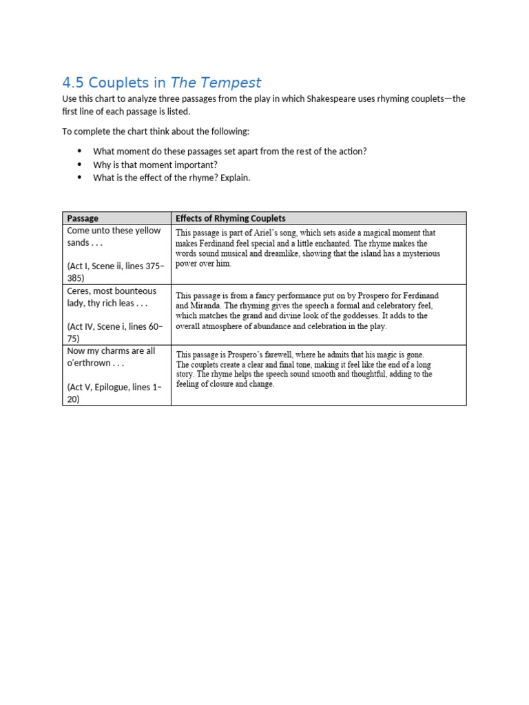 Analyzing Rhyming Couplets in The Tempest | PDF