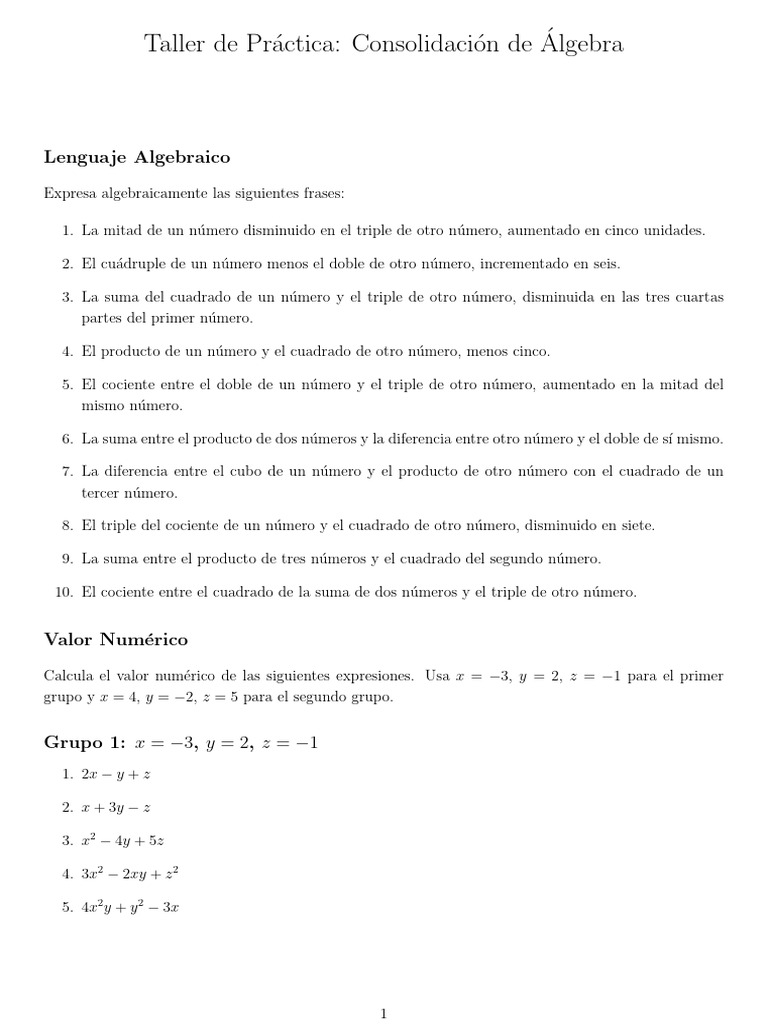 Taller 3 Algebra (Valor Num-Lenguaje Alg) | PDF