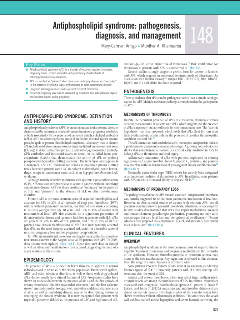 148 Antiphospholipid Syndrome Pathogenesis, Diagnosis, and Management ...