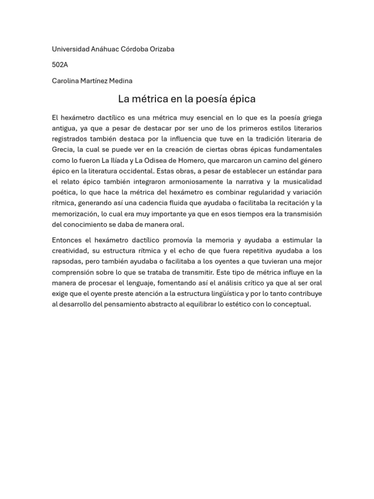 La métrica en la poesía épica Carolina Martínez Medina | PDF