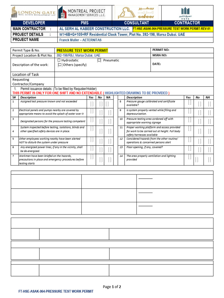 Ft-Hse-Asak-064-Pressure Test Work Permit | PDF | Occupational Safety ...