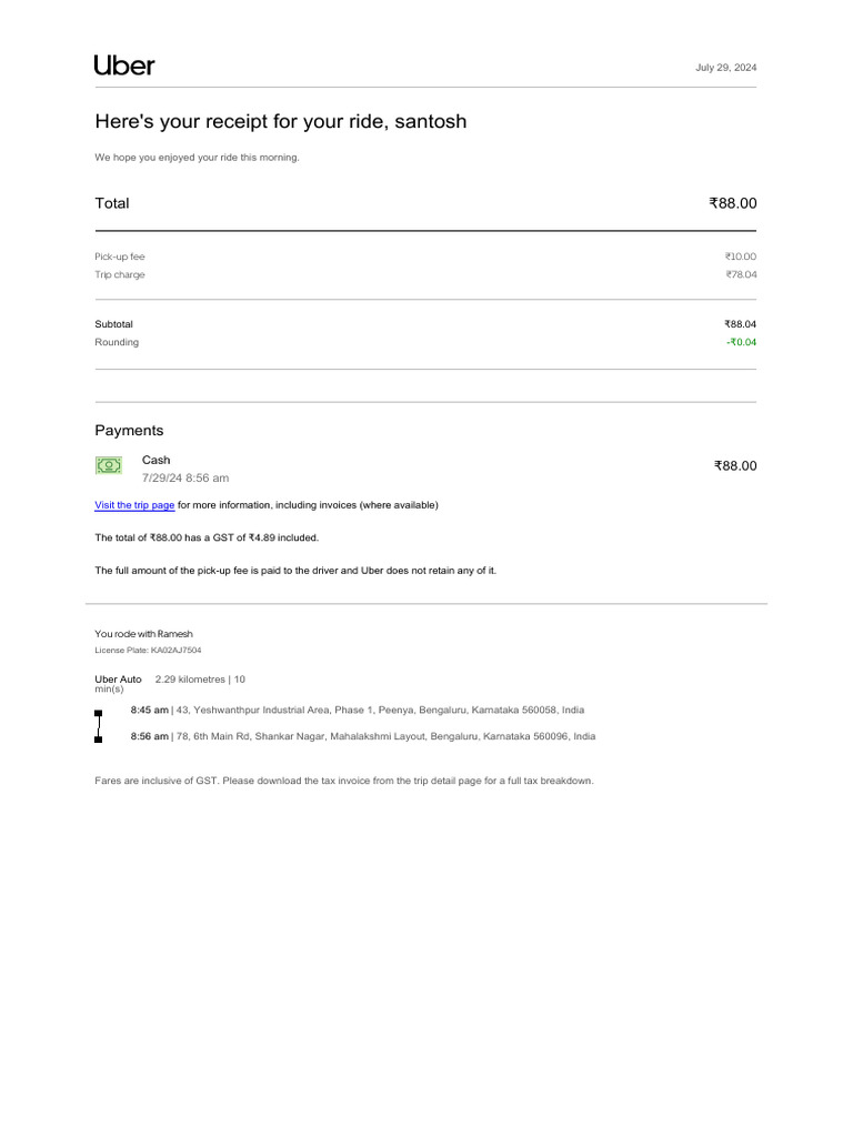 Receipt - 29jul2024 Bus Stop To Hotel | PDF