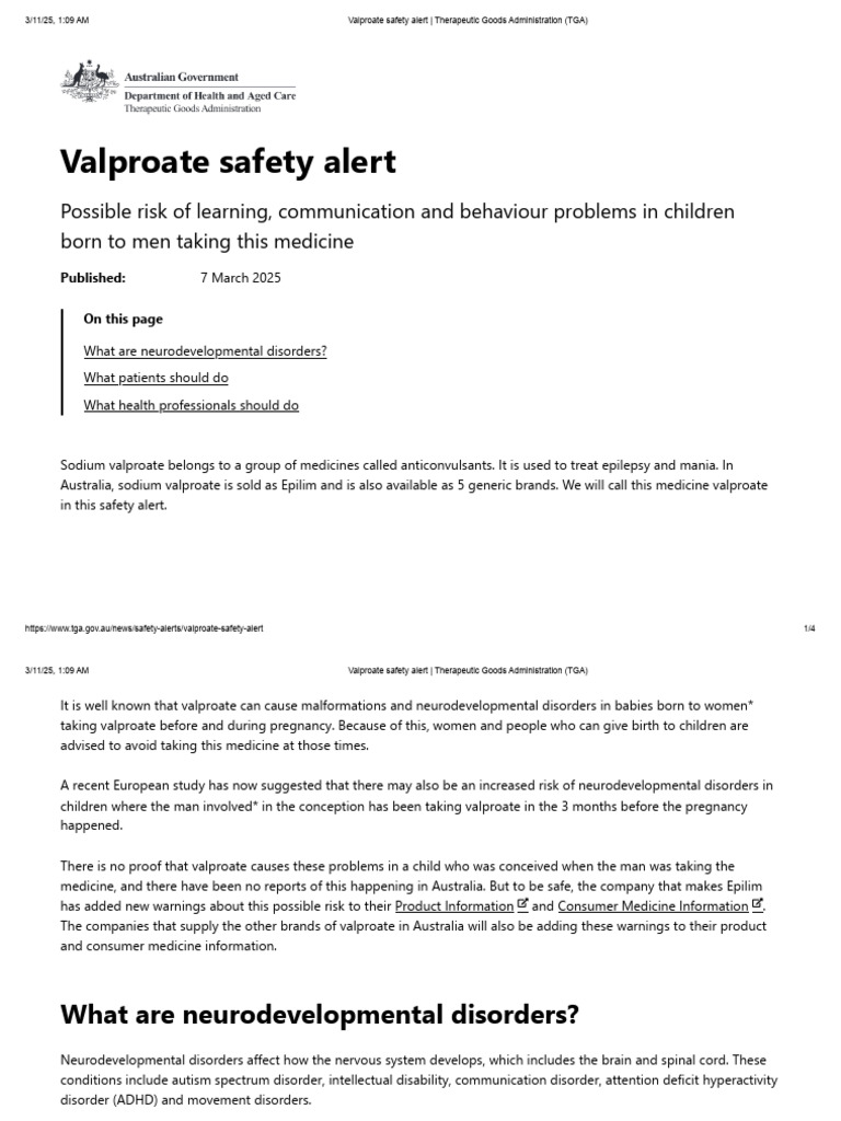 Valproate Safety Alert - Therapeutic Goods Administration (TGA) | PDF ...