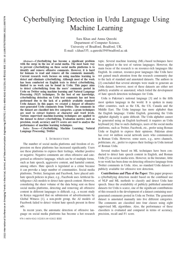 Cyberbullying Detection In Urdu Language Using Machine Learning Pdf Machine Learning