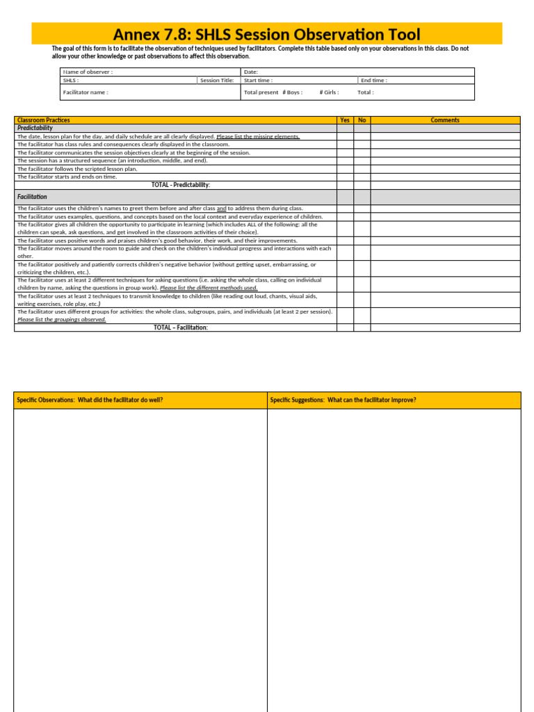 Annex 7.8 SHLS Session Observation Tool | PDF | Lesson Plan | Facilitator