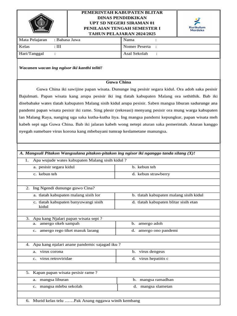 PTS Kelas 3 SMT 1 | PDF