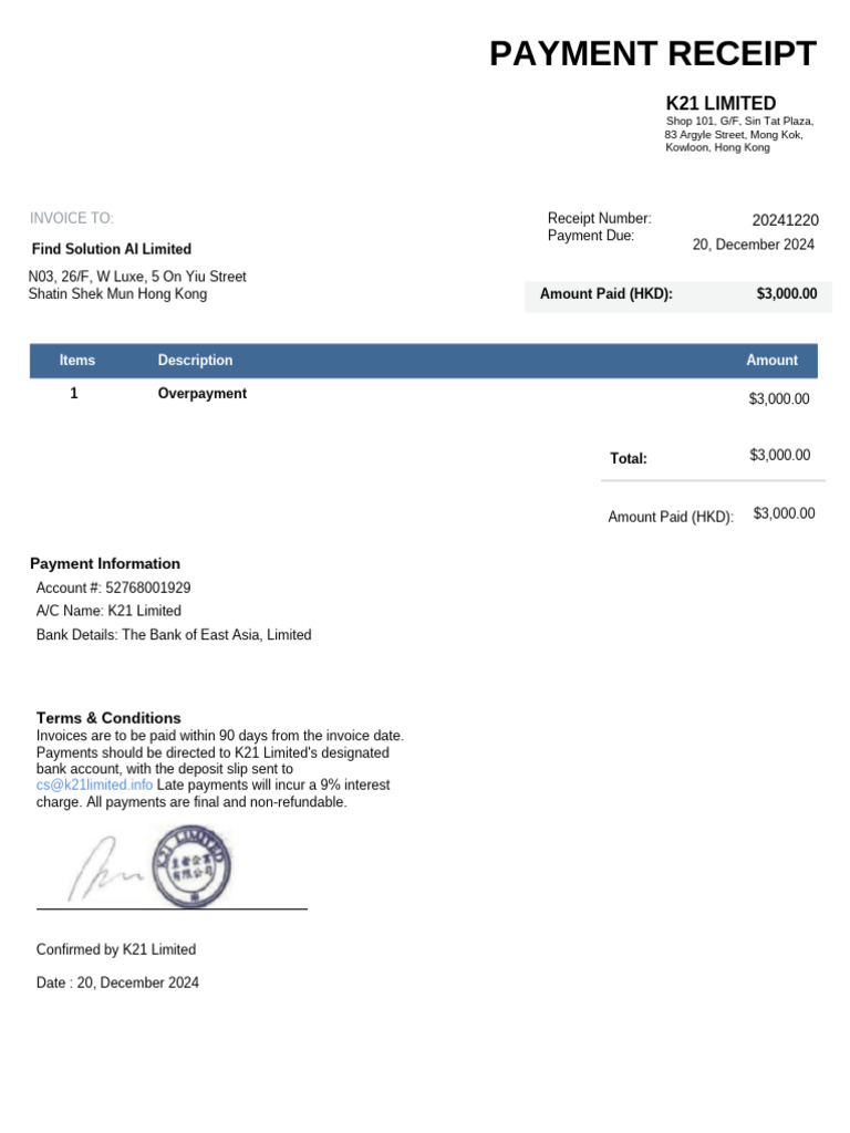 K21 Payment Receipt | PDF