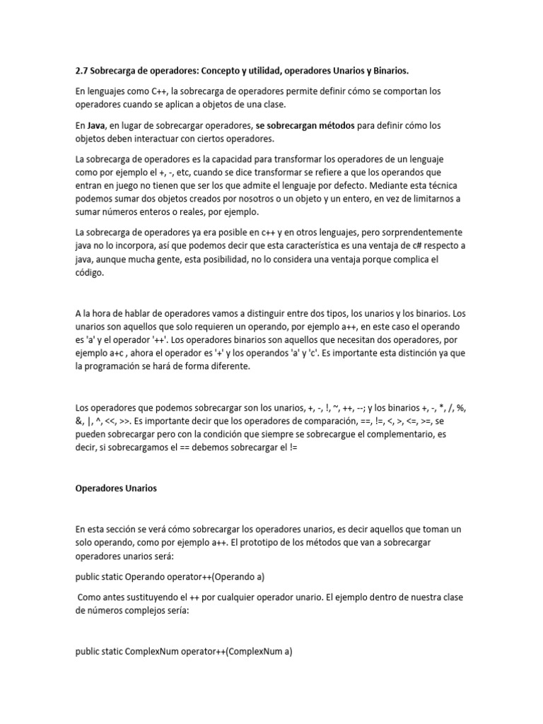 2.7 Sobrecarga de Operadores Concepto y Utilidad, Operadores Unarios y Binarios. | PDF | Objeto ...