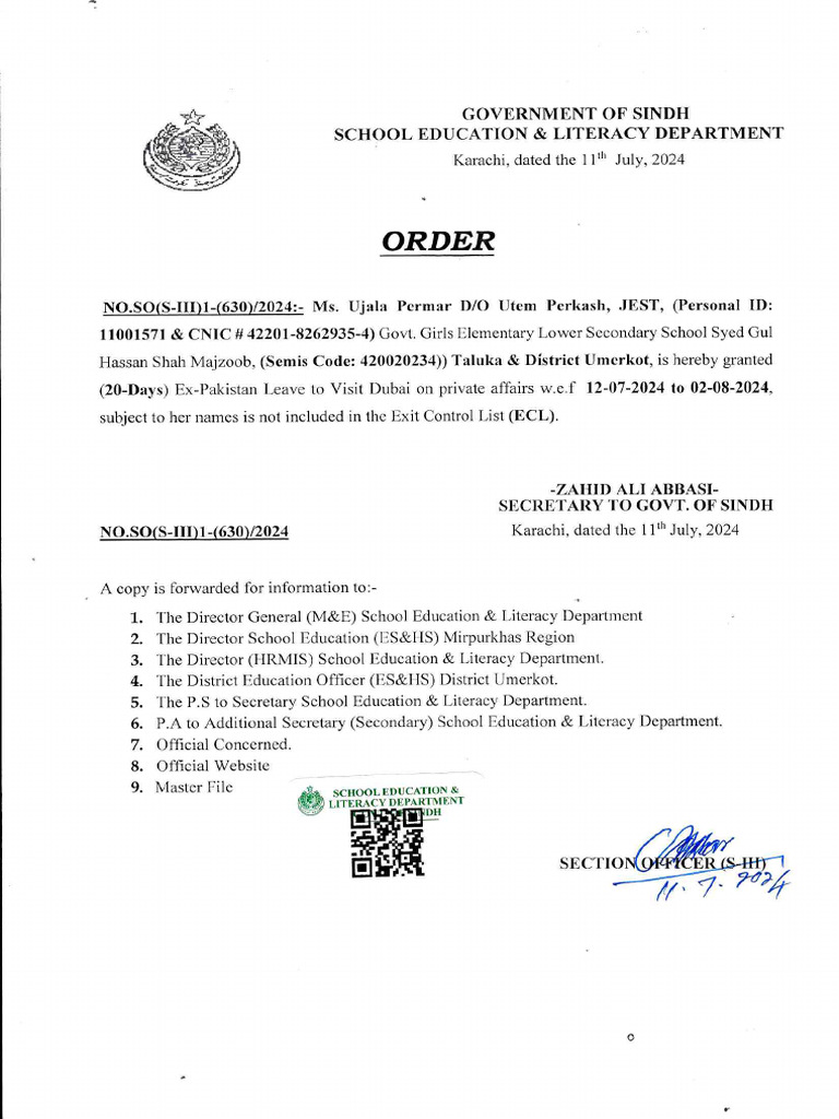 97540 Order for Grant of 20 Days Ex-Pak Leave to Visit Dubai in Respect ...