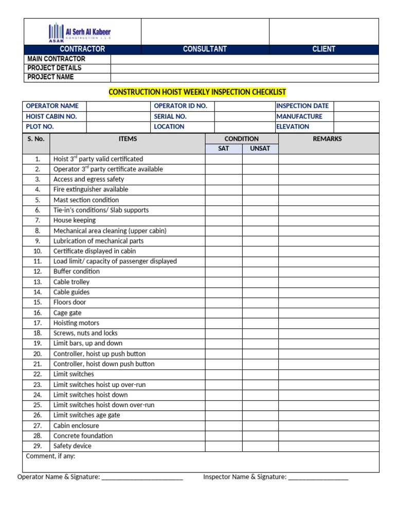 CONST. HOIST PRE-OPERATIONAL CHECKLIST | PDF
