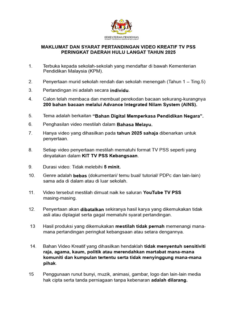 Maklumat Dan Syarat Pertandingan Video Kreatif TVPSS Peringkat Daerah ...