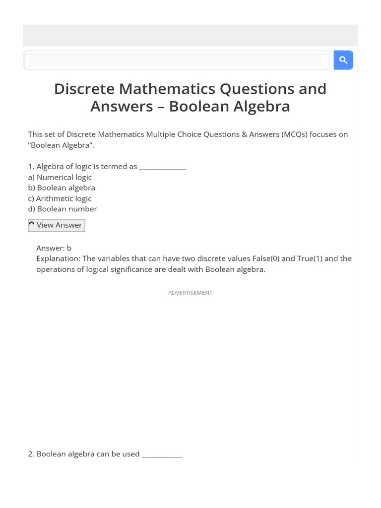 Boolean Algebra Questions and Answers - Sanfoundry | PDF | Boolean ...