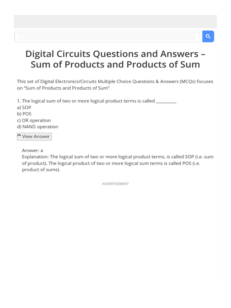 Sum of Products & Products of Sum - Digital Circuits Questions and ...