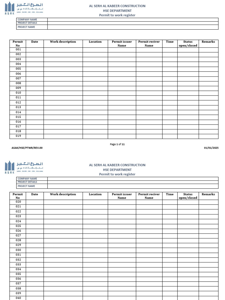 Permit to Work Register Template | PDF