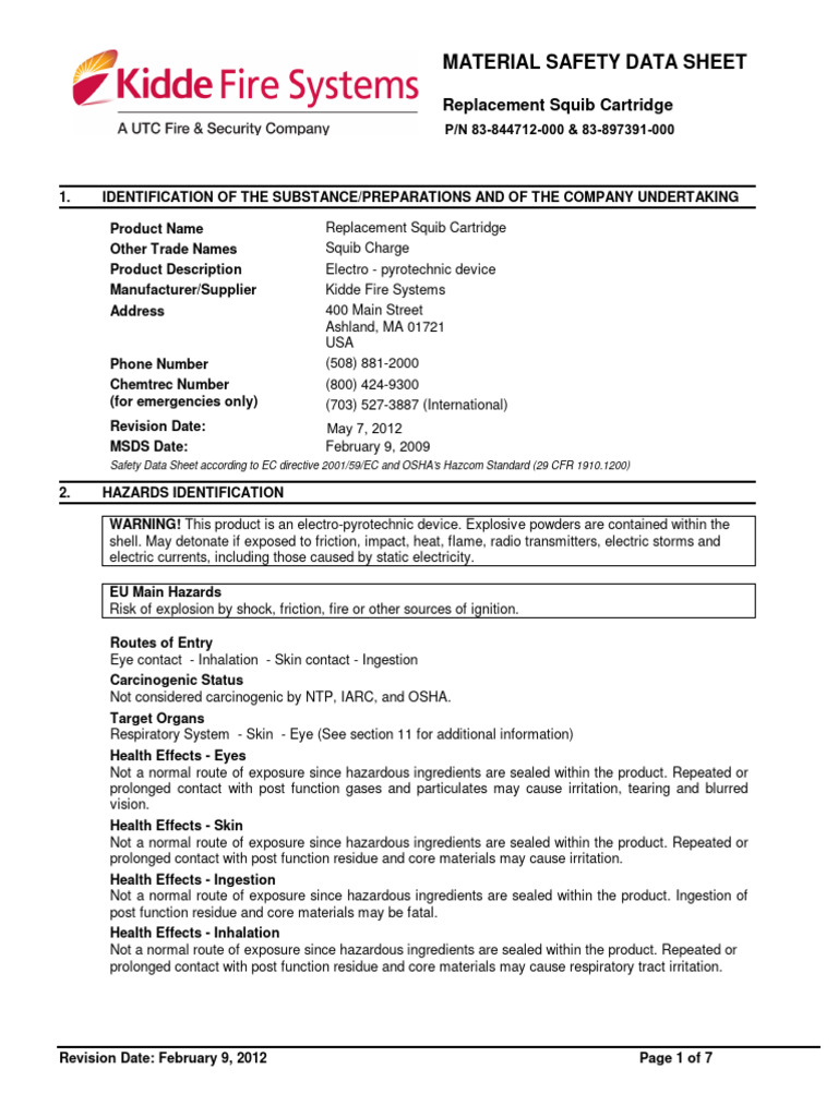 MSDS 222A2 Kidde Fire Systems - ReplacementSquibCartridge | PDF ...