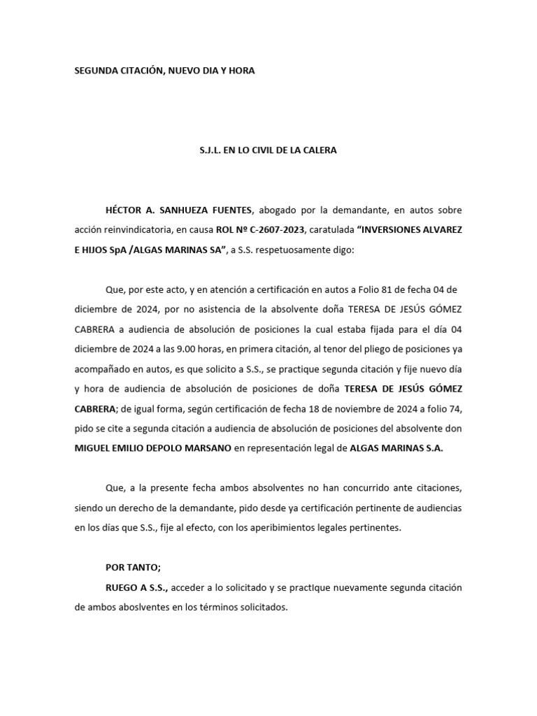 Segunda Citación, Nuevo Dia Y Hora: "Inversiones Alvarez Marinas Sa" | PDF