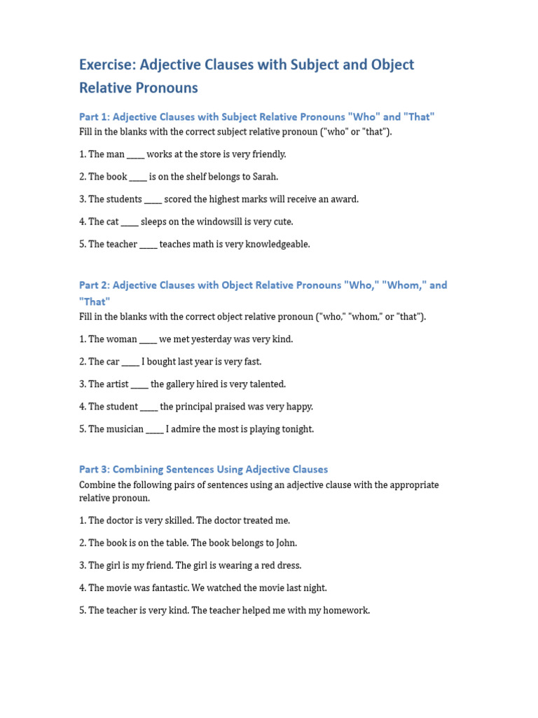 Adjective Clauses Exercises | PDF