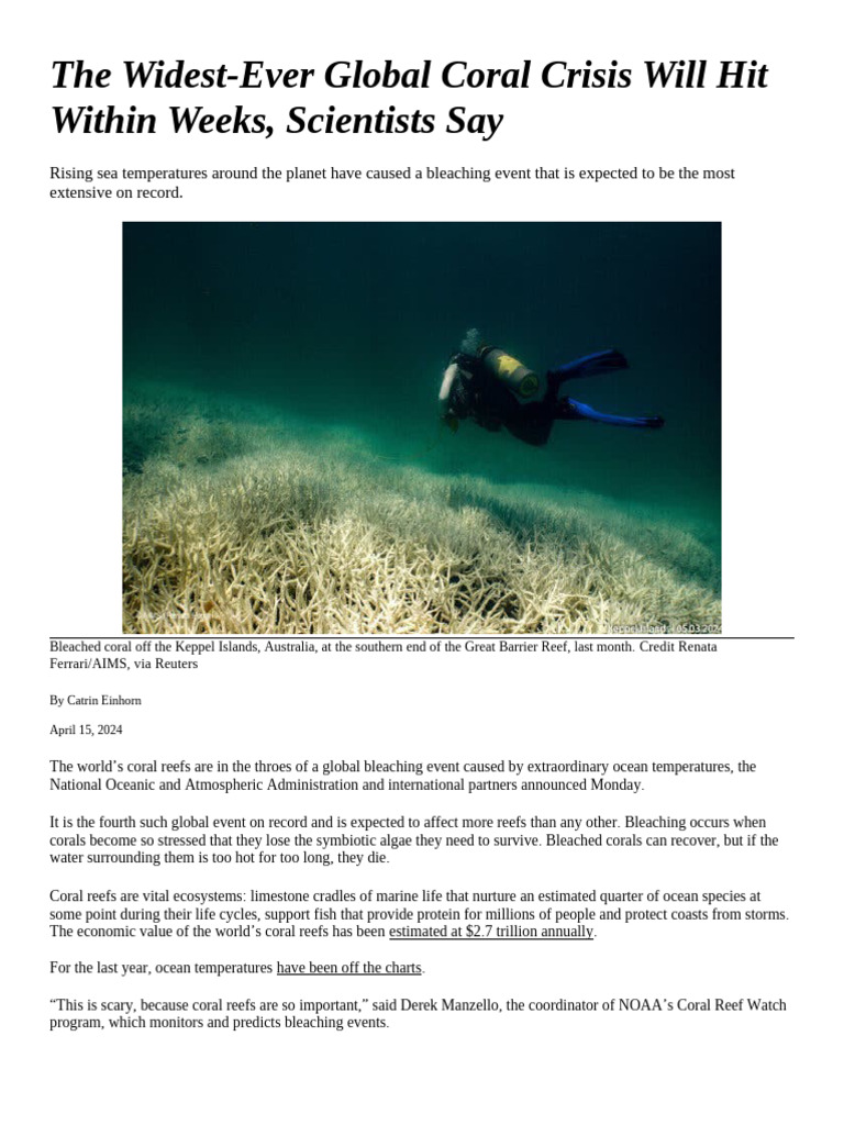 NYTimes15Apr2024 The Widest Ever Global Coral Crisis 20241106 | PDF ...