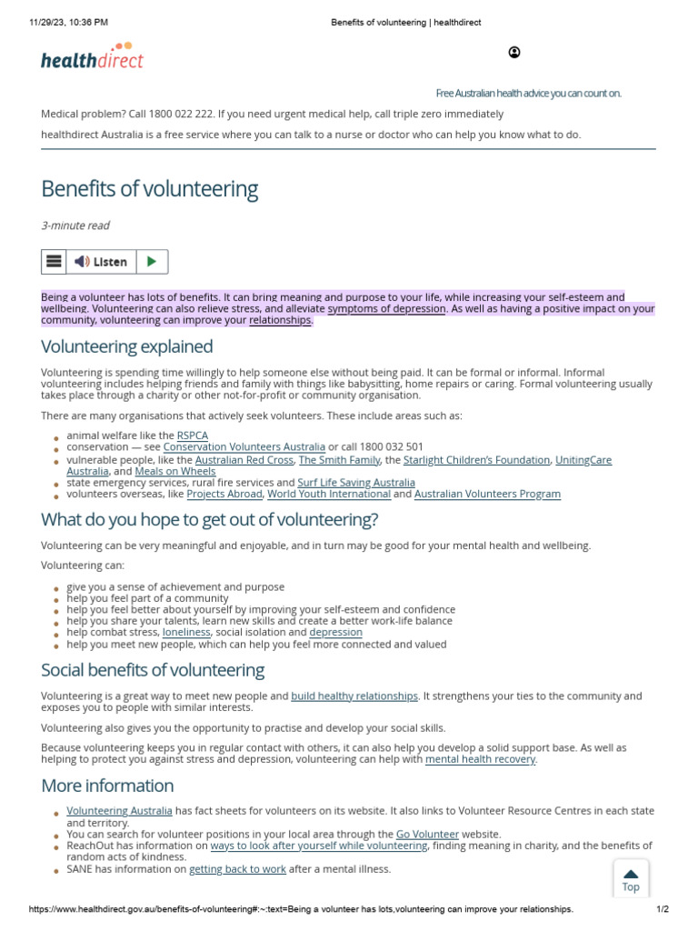 Benefits of Volunteering - Healthdirect | PDF | Volunteering | Mental ...