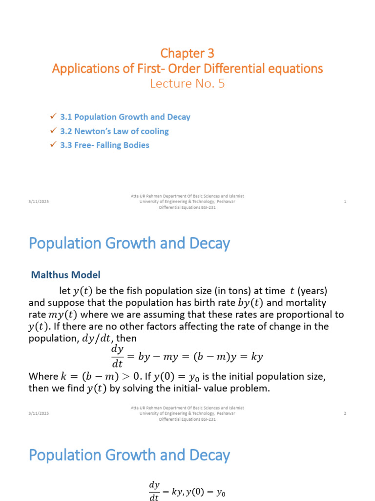 Lecture No. 5 Applications of First Order Linear DEs Chapter 3 | PDF ...