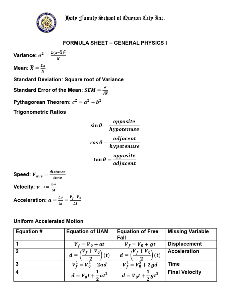 General Physics I Formula Sheet | PDF