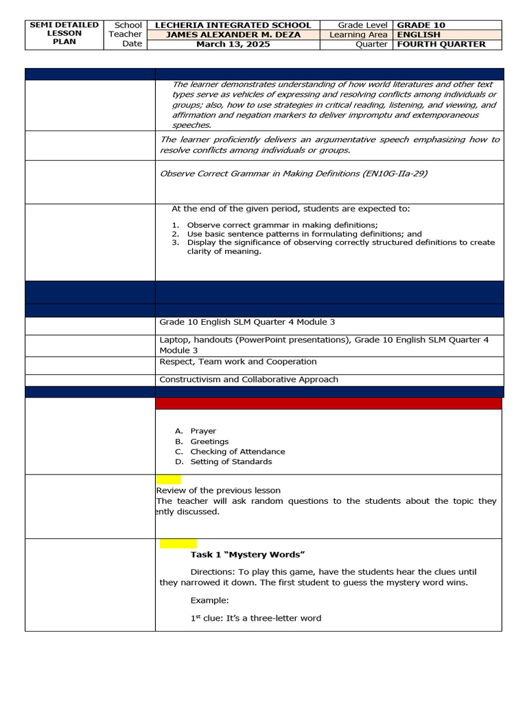 DLP - DEZA, JAMES - ENGLISH 10 | PDF | Word | Definition