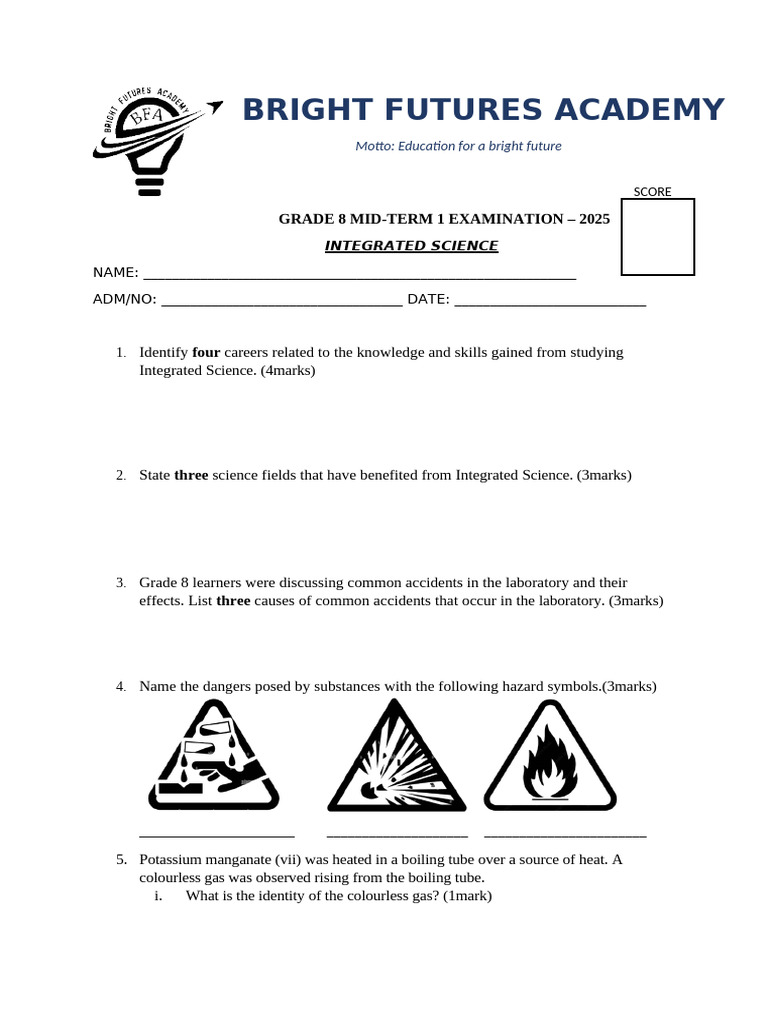 Grade 8 Integrated Science Mid-Term Exam | PDF | Chemistry | Materials
