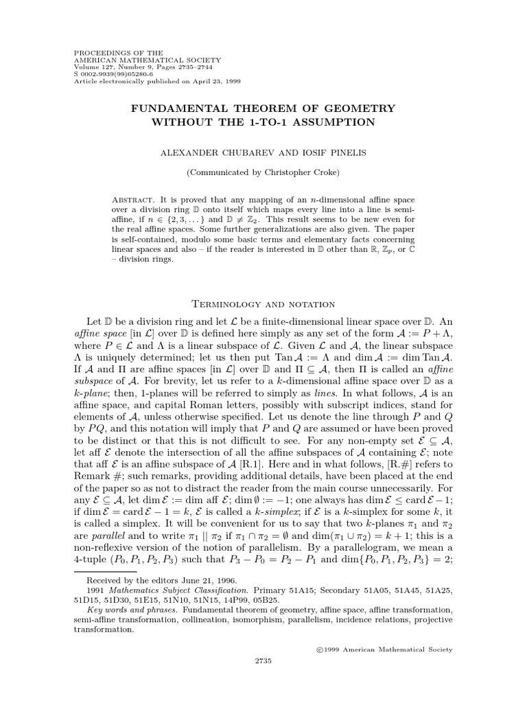 Chubarev-Pinelis1999pams - Fundamental Theorem of Geometry Without The 1-To-1 | PDF | Theorem ...