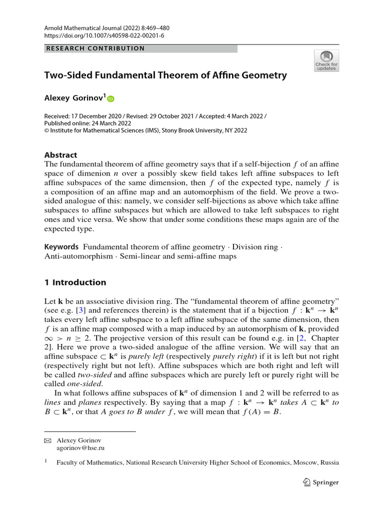 gorinov2022arnlodmj -- Two-sided fundamental theorem of affine geometry -- | PDF | Space ...