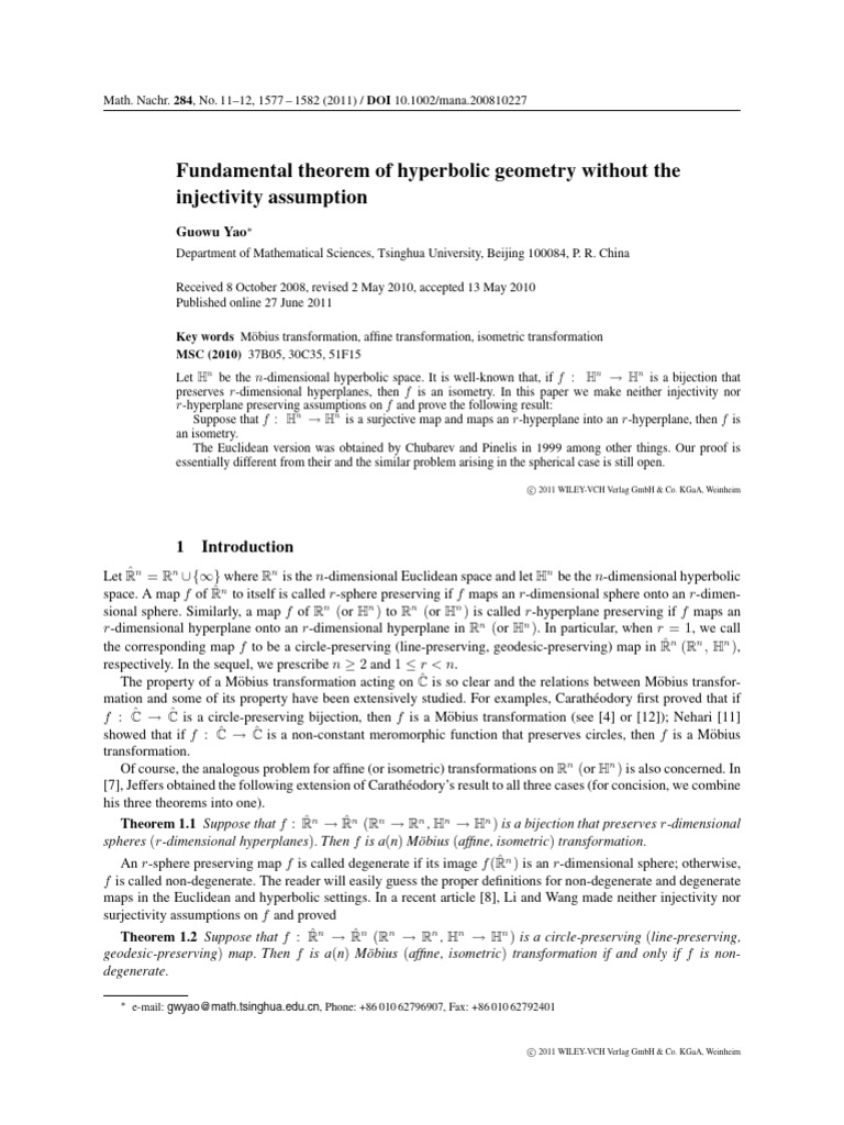 Yao2011mathnach - Fundamental Theorem of Hyperbolic Geometry Without The Injectivity Assumption ...