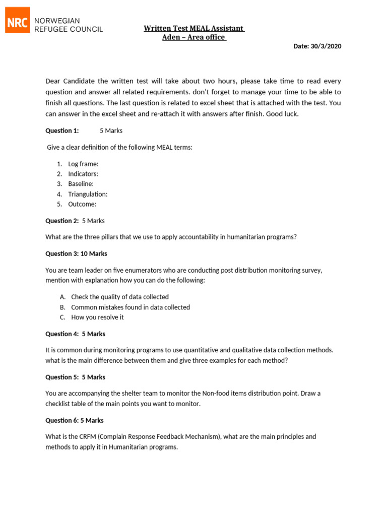 MEAL Assistant Written Test Guide | PDF