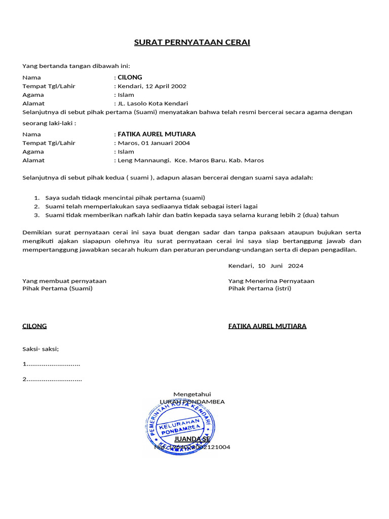 Surat Pernyataan Cerai | PDF
