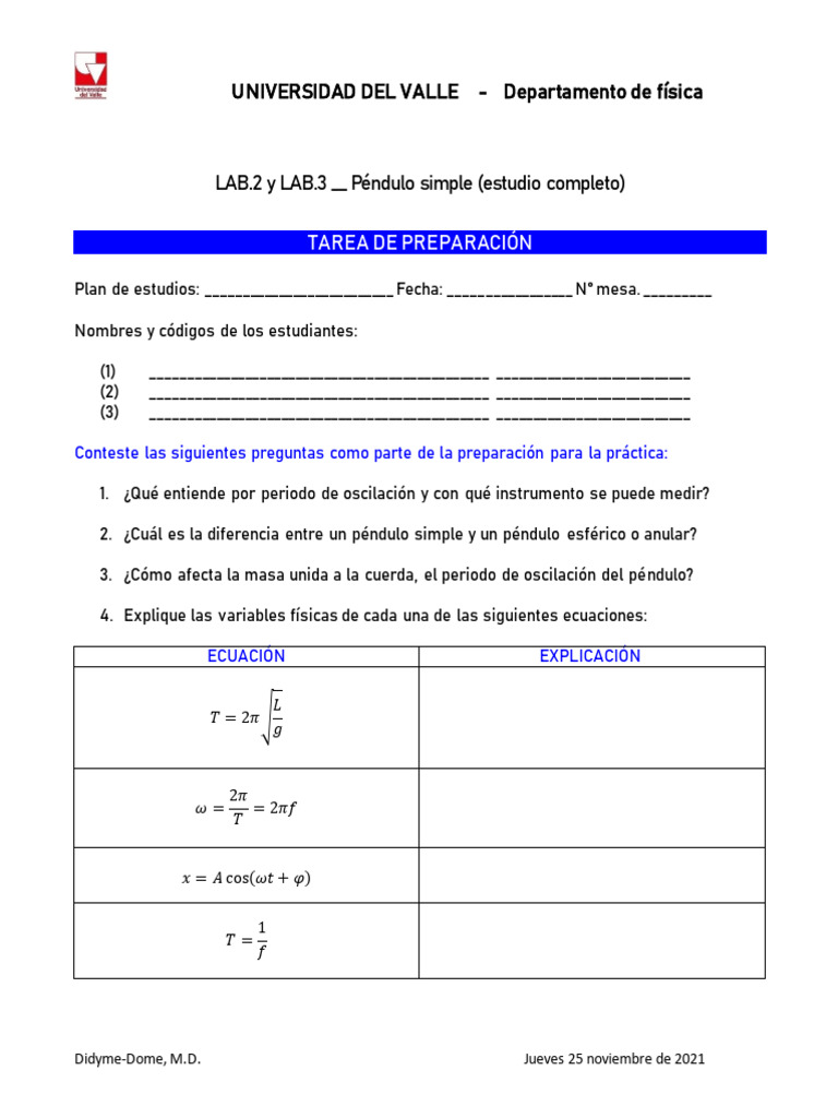 Lab.2 y LAB.3 - Péndulo Simple (Análisis Completo) - Univalle | PDF | Péndulo | Oscilación